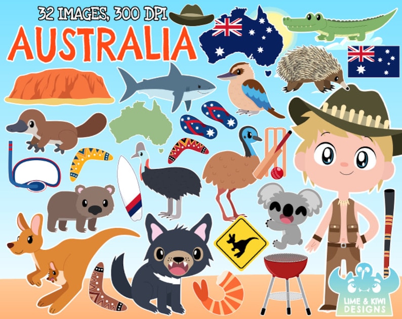 Australia Clipart, Black and White, Digital Stamps, Commercial Clip Art ...