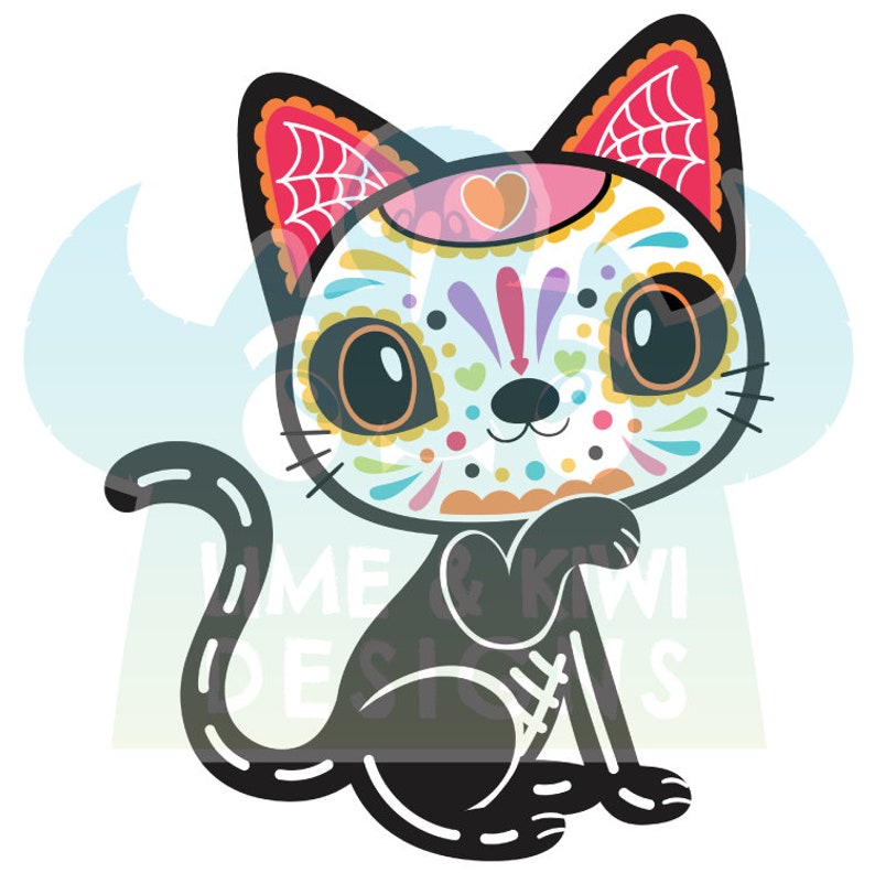 Sugar Skulls Day of the Dead Cats Clipart, Black and White, Digital ...