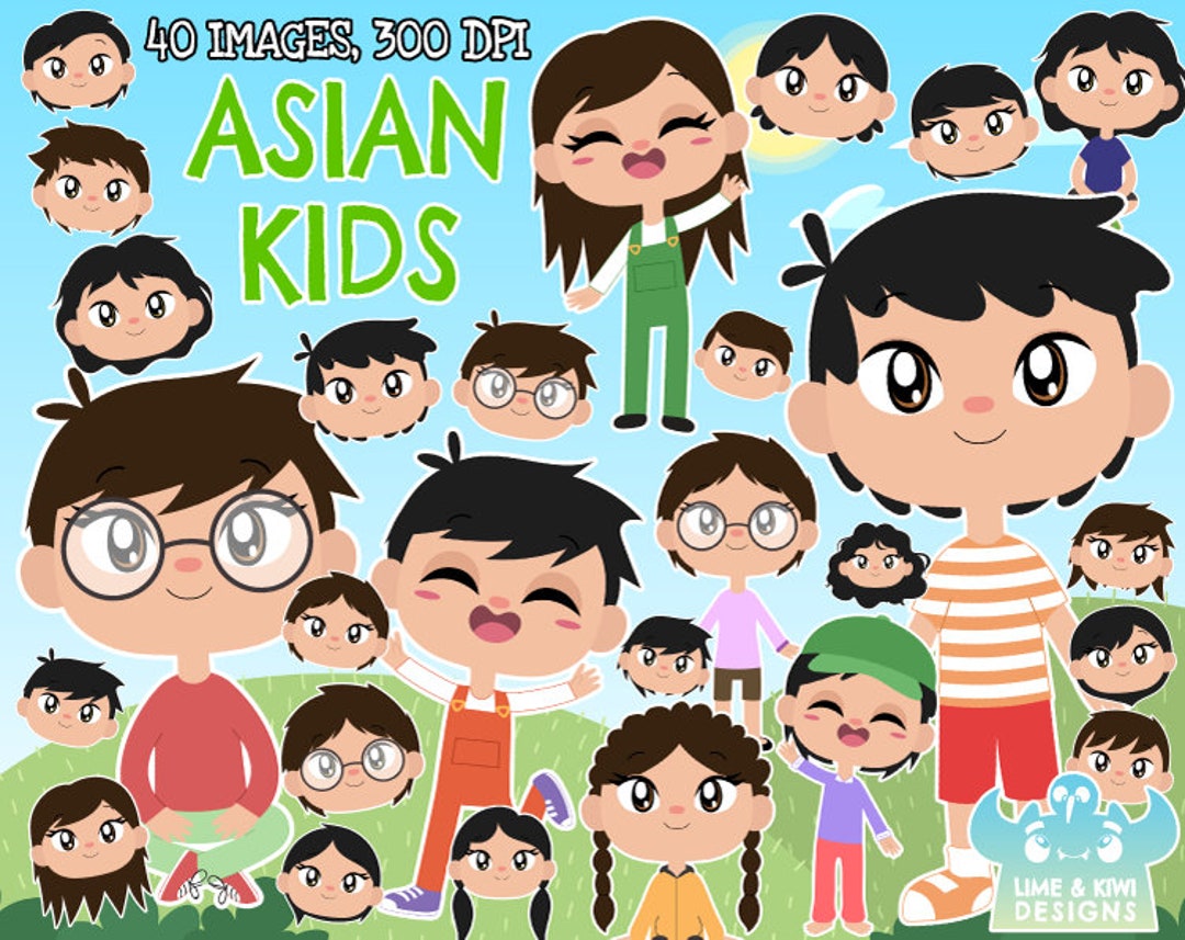 Asian Kids Clipart, Black and White, Digital Stamps, Commercial Use ...