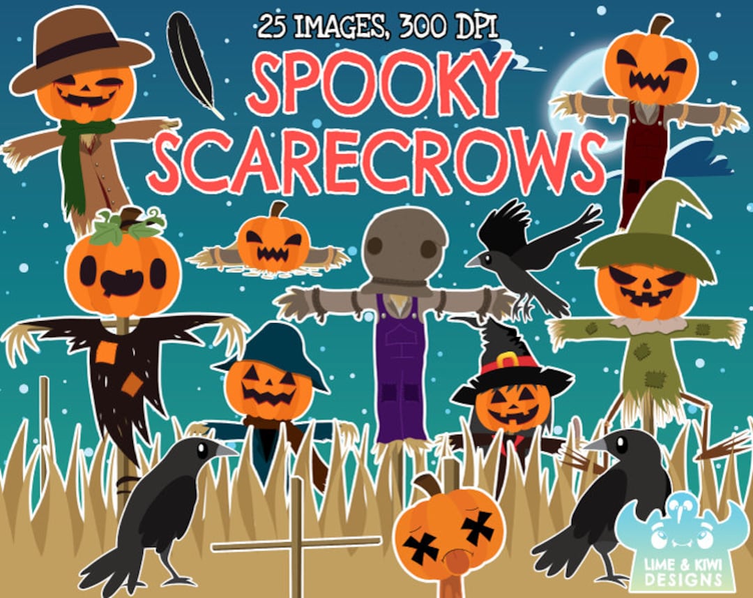 Spooky Scarecrows Clipart, Black and White, Digital Stamps, Crop Field ...