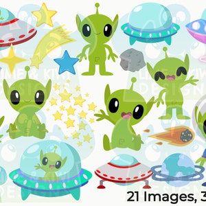 Aliens Clipart, Black and White, Digital Stamps, Space, Spaceship, UFO ...