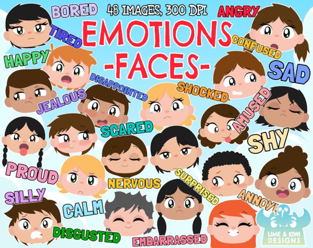 Emotions - Faces Clipart, Black and White, Digital Stamps, Commercial ...