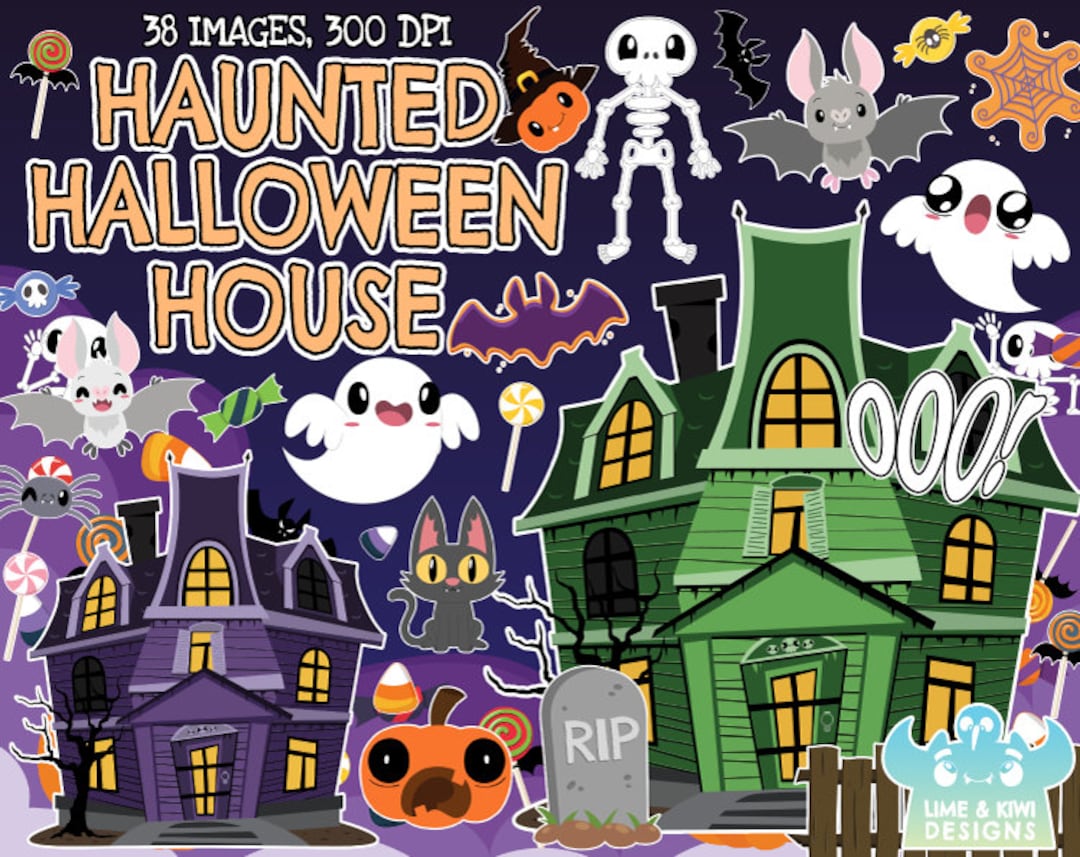 Haunted Halloween House Clipart, Black and White, Digital Stamps ...