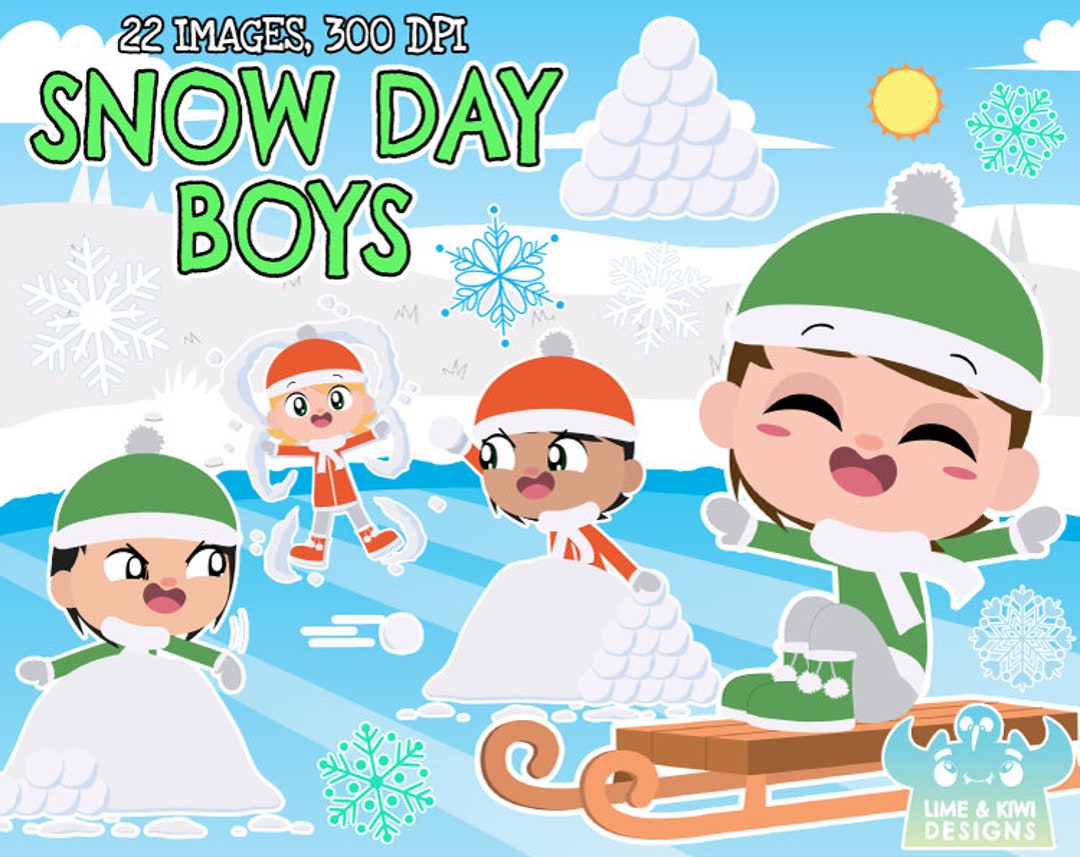 Snow Day Boys Clipart, Blanco y Negro, Sellos Digitales, Invierno ...