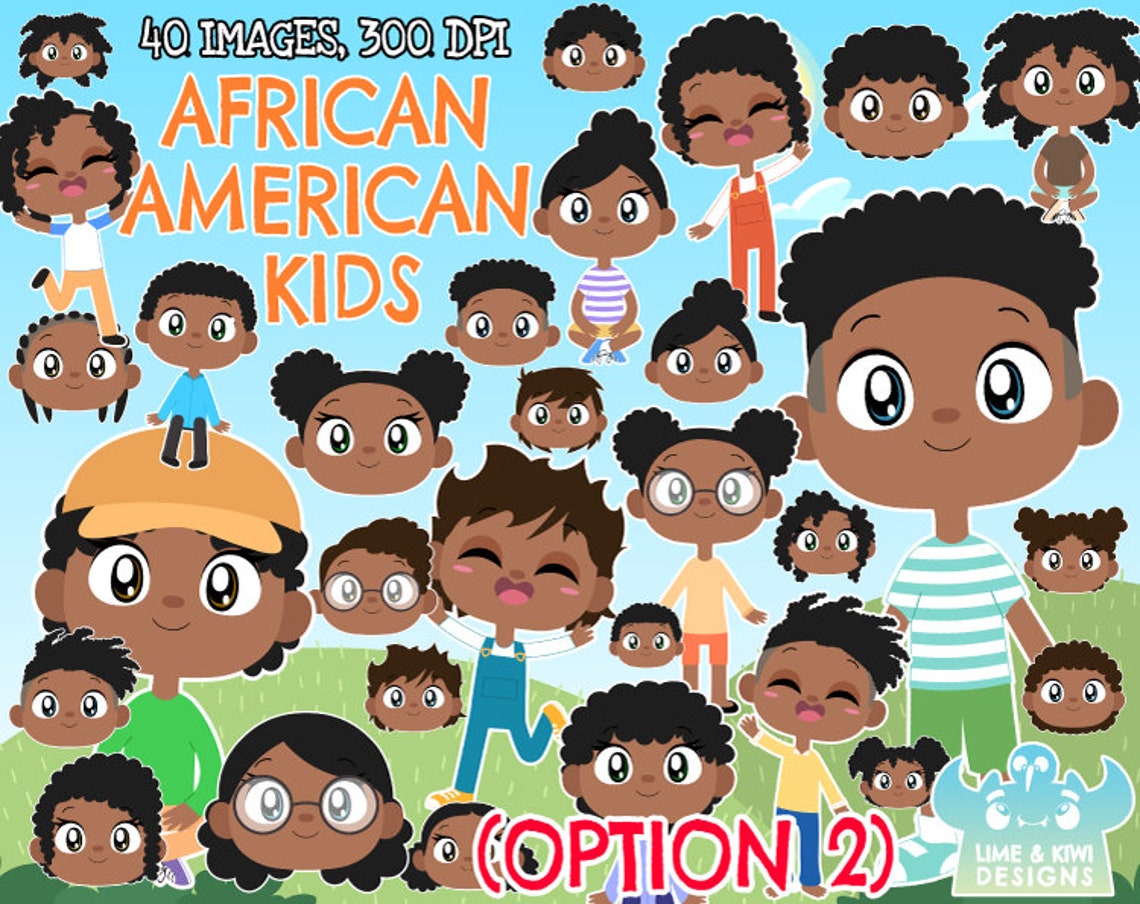 African American Kids (option 2) Clipart, Black and White, Digital ...