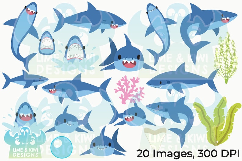 Blue Sharks Clipart, Black and White, Digital Stamps, Commercial Use ...