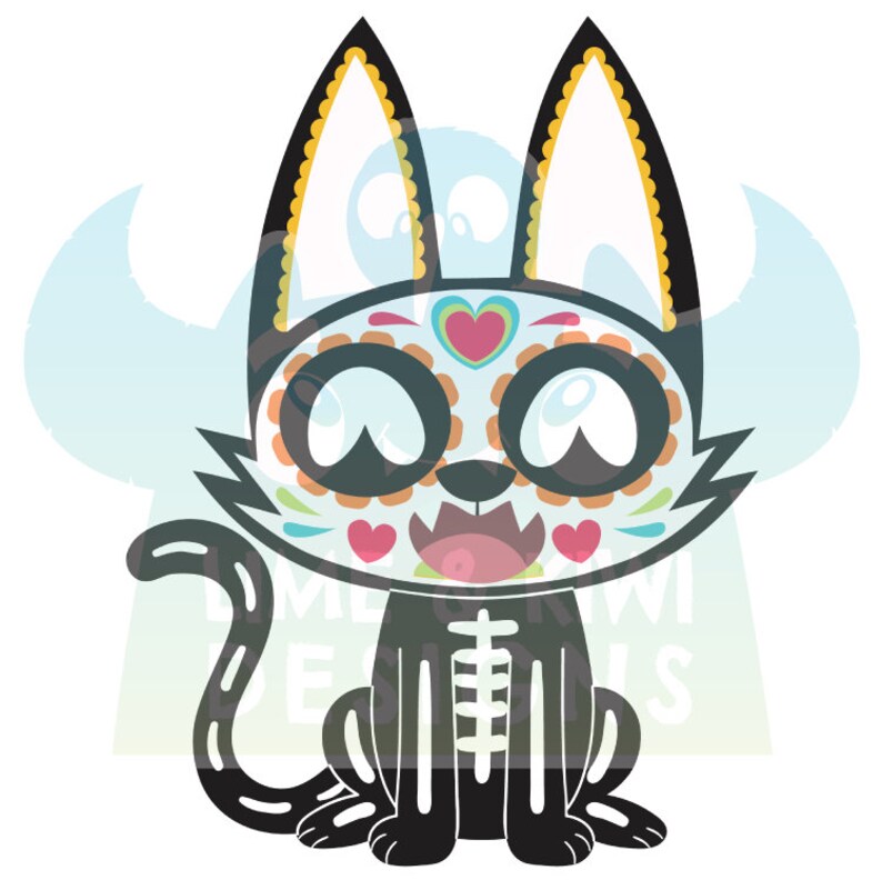 Sugar Skulls Day of the Dead Cats Clipart, Black and White, Digital ...