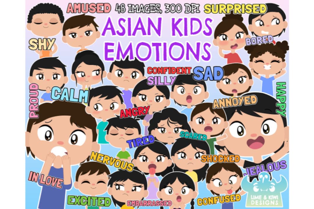 Asian Kids Emotions Clipart, Instant Download, Facial Expressions, Kids ...