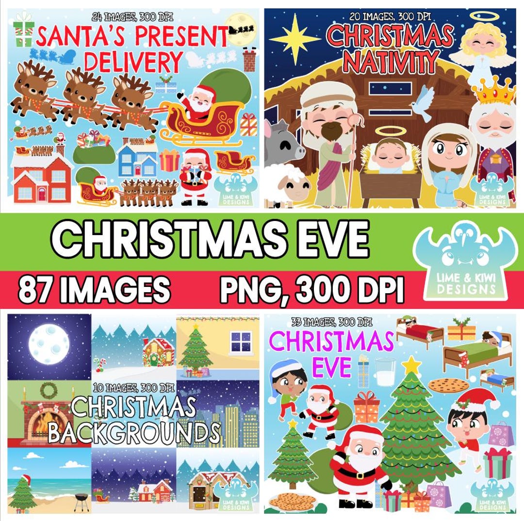 Christmas Eve Clipart Bundle 1, Black and White, Digital Stamps ...