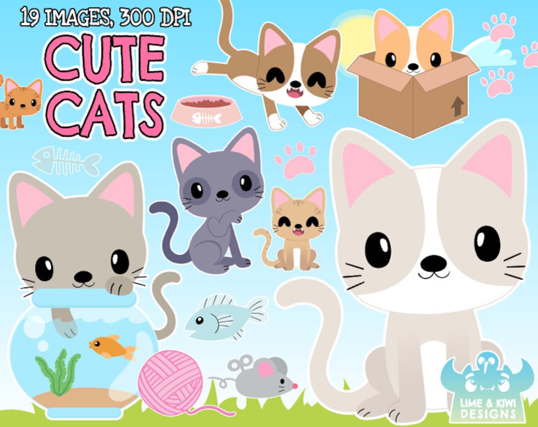 Cute Cats Clipart, Black and White, Digital Stamps, Feline, Cute Kitten ...