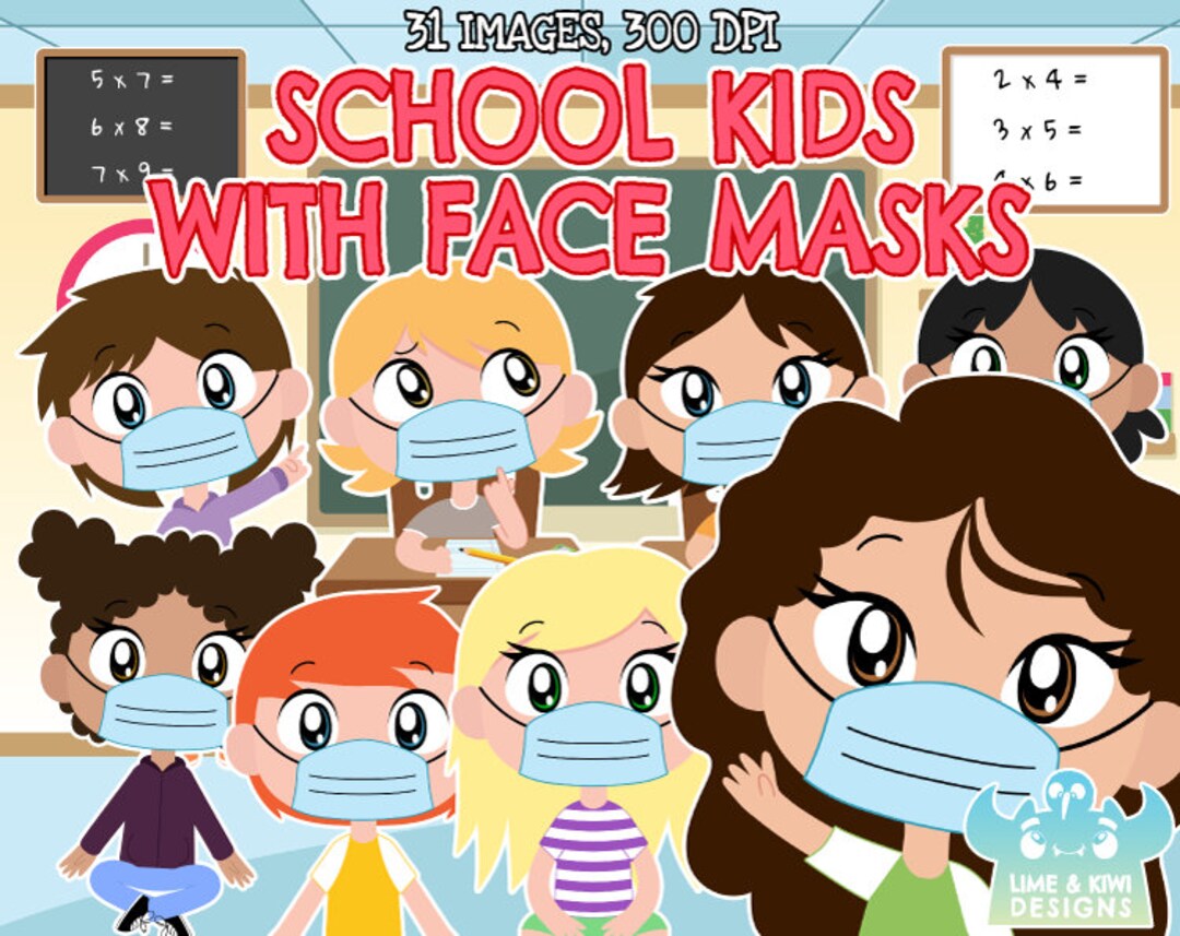School Kids With Face Masks Clipart, Black and White, Digital Stamps ...