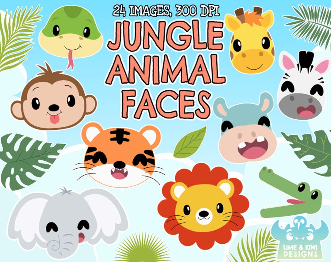 Jungle Animal Faces Clipart, Instant Download, Elephant, Tiger, Lion ...
