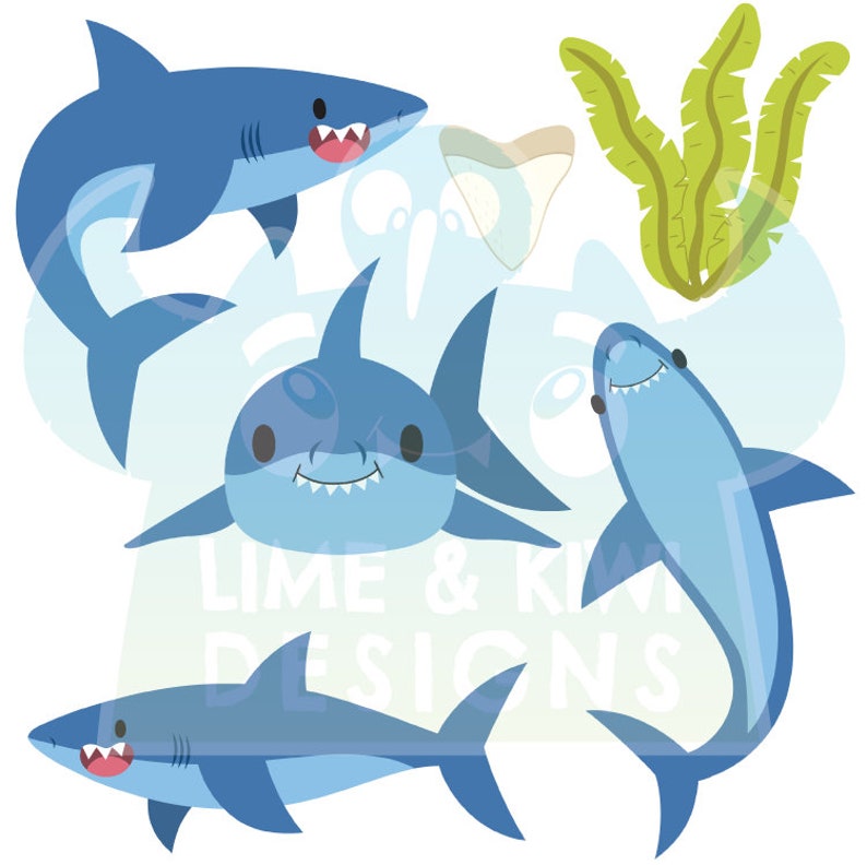 Blue Sharks Clipart, Black and White, Digital Stamps, Commercial Use ...