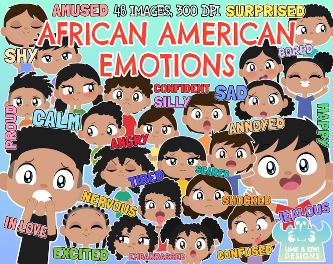 African American Kids Emotions Clipart, Black and White, Digital Stamps ...
