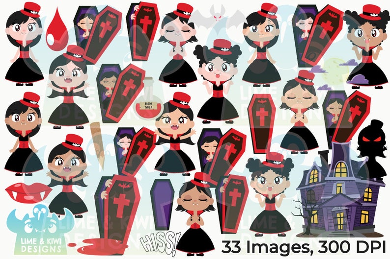 Vampire Girls Clipart, Black and White, Digital Stamps, Halloween ...