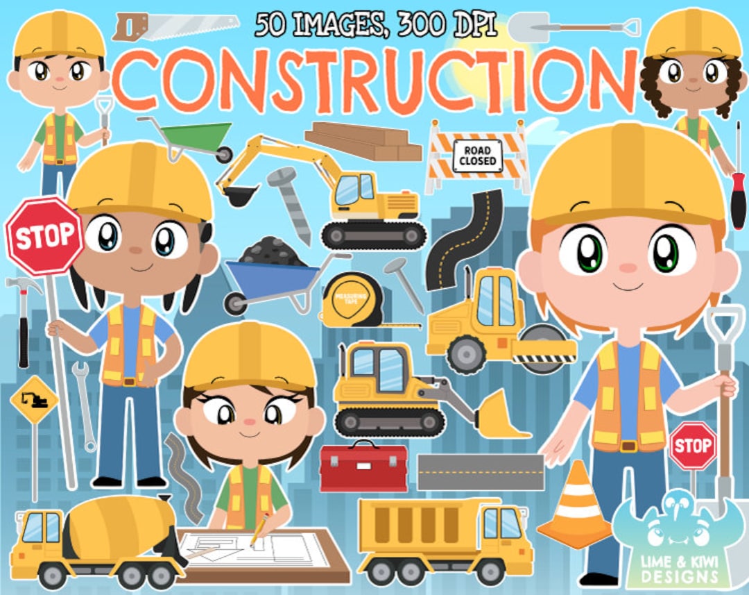 Construction Clipart, Black and White, Digital Stamps, Digger, Roller ...