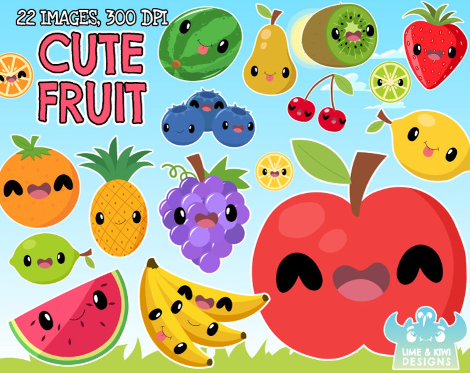Cute Fruit Clipart Instant Download Produce Apple Orange - Etsy UK