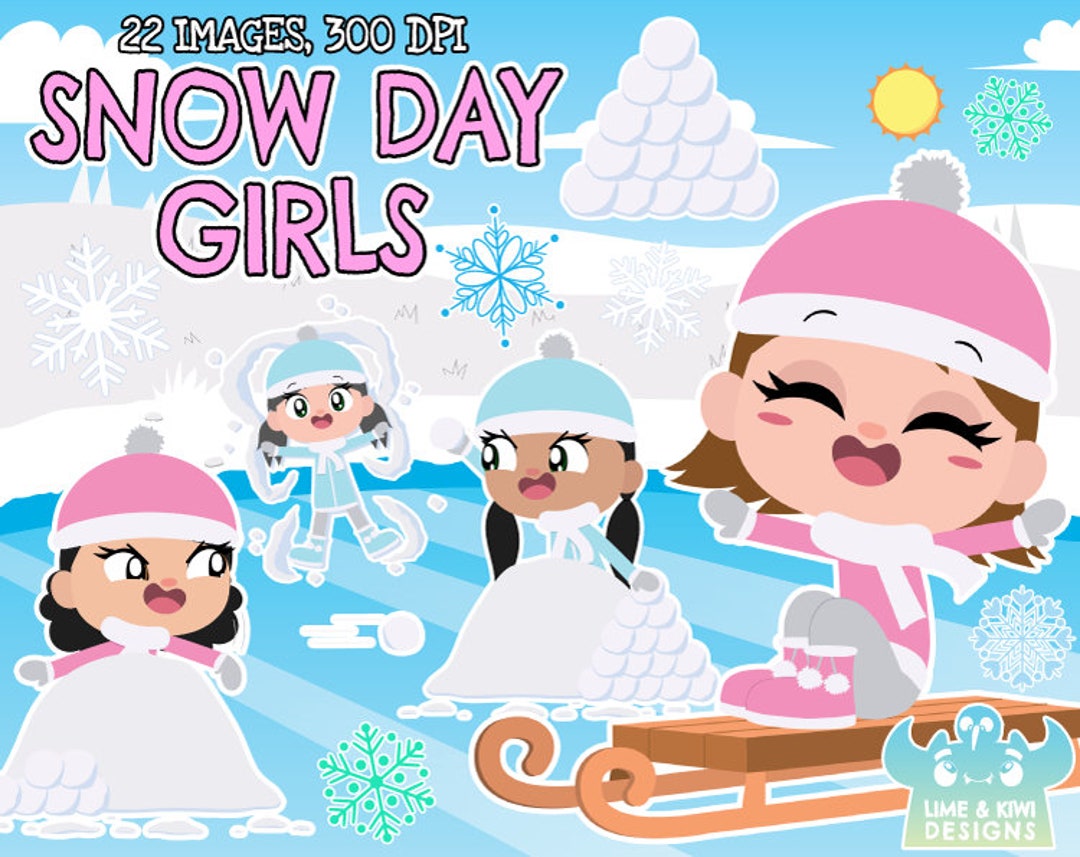 Snow Day Girls Clipart, Black and White, Digital Stamps, Winter ...