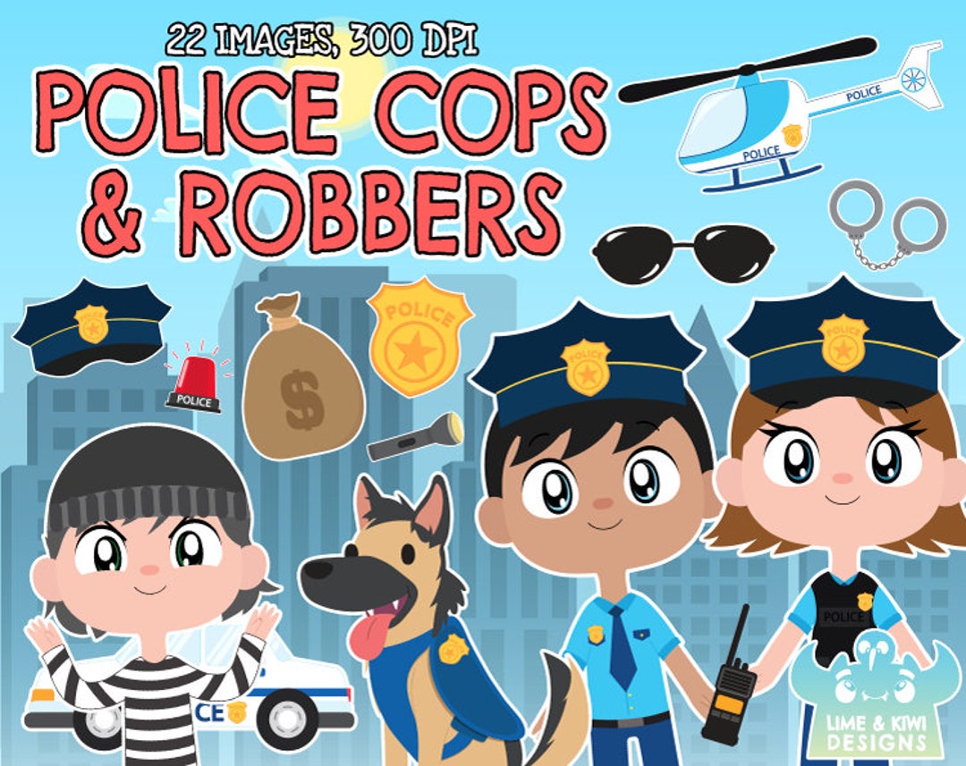 Police Cops and Robbers Clipart, Black and White, Digital Stamps ...