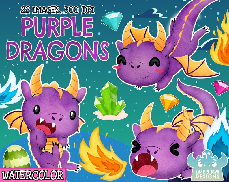 Purple Dragons Watercolor Clipart Instant Download Vector - Etsy