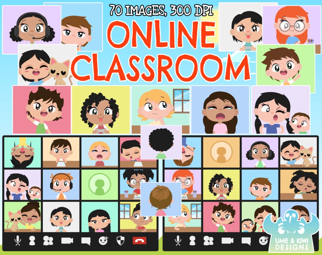 Online Classroom Clipart, Black and White, Digital Stamps, Zoom Calls ...