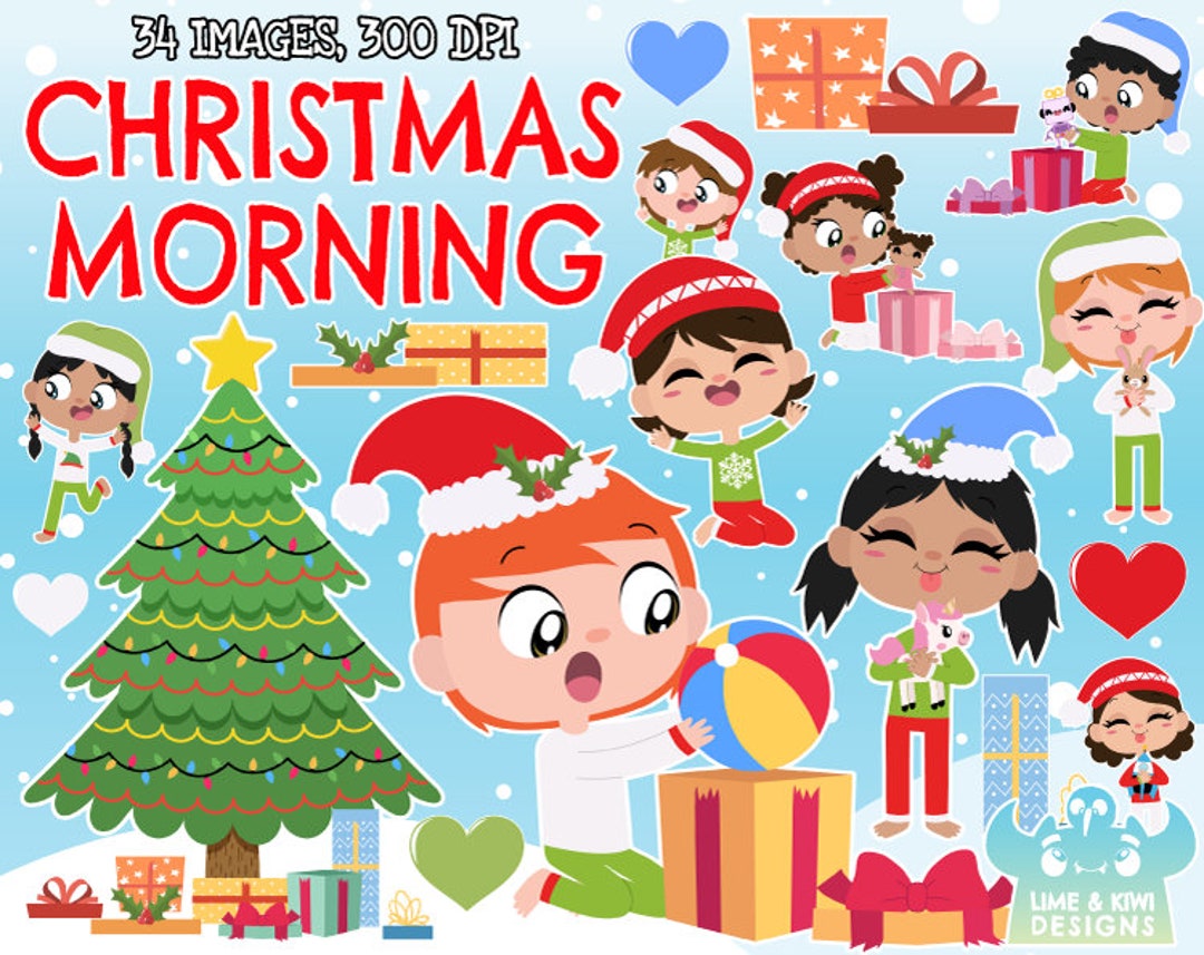 Christmas Morning Clipart, Black and White, Digital Stamps, Commercial ...