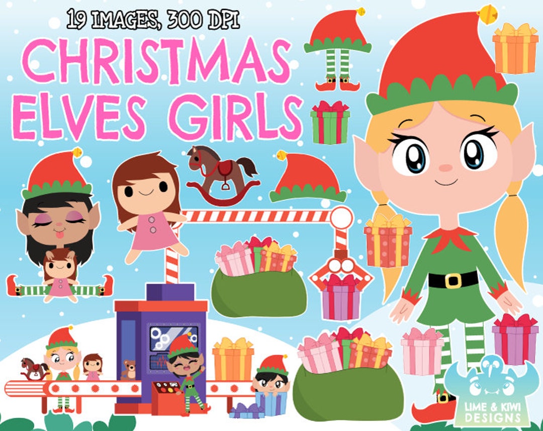 Christmas Elves Girls Clipart, Black and White, Digital Stamps ...