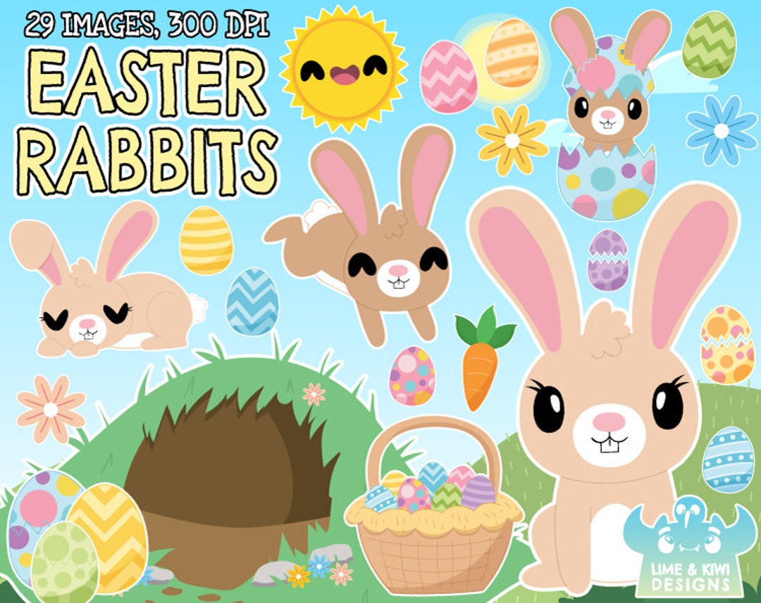 Easter Rabbits Clipart, Black and White, Digital Stamps, Bunny, Flower ...