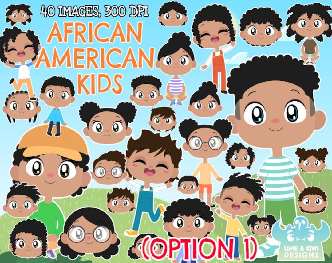 African American Kids (option 1) Clipart, Black and White, Digital ...
