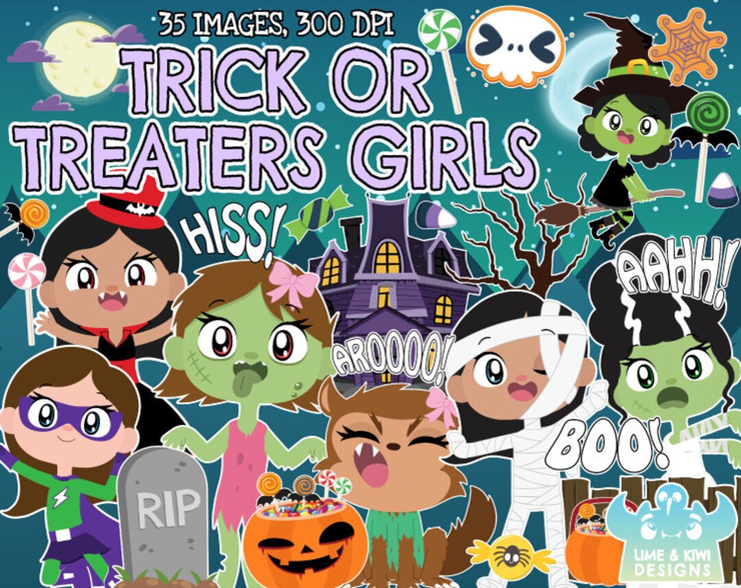 Halloween Trick or Treaters Girls Clipart, Black and White, Digital ...