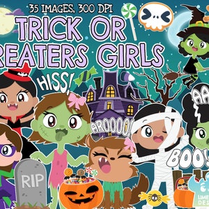 Halloween Trick or Treaters Girls Clipart Instant Download - Etsy UK