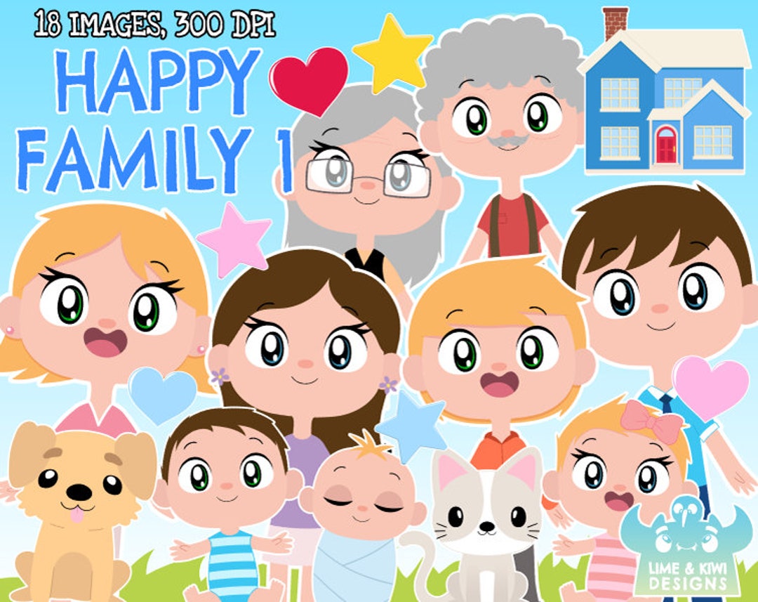 Happy Family 1 Clipart, Black and White, Digital Stamps, Commercial ...