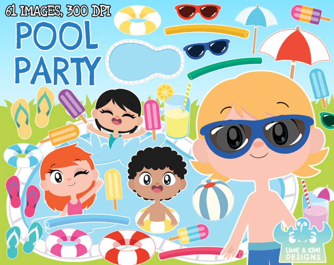 Pool Party Clipart, Black and White, Digital Stamps, Summer, Swimming ...