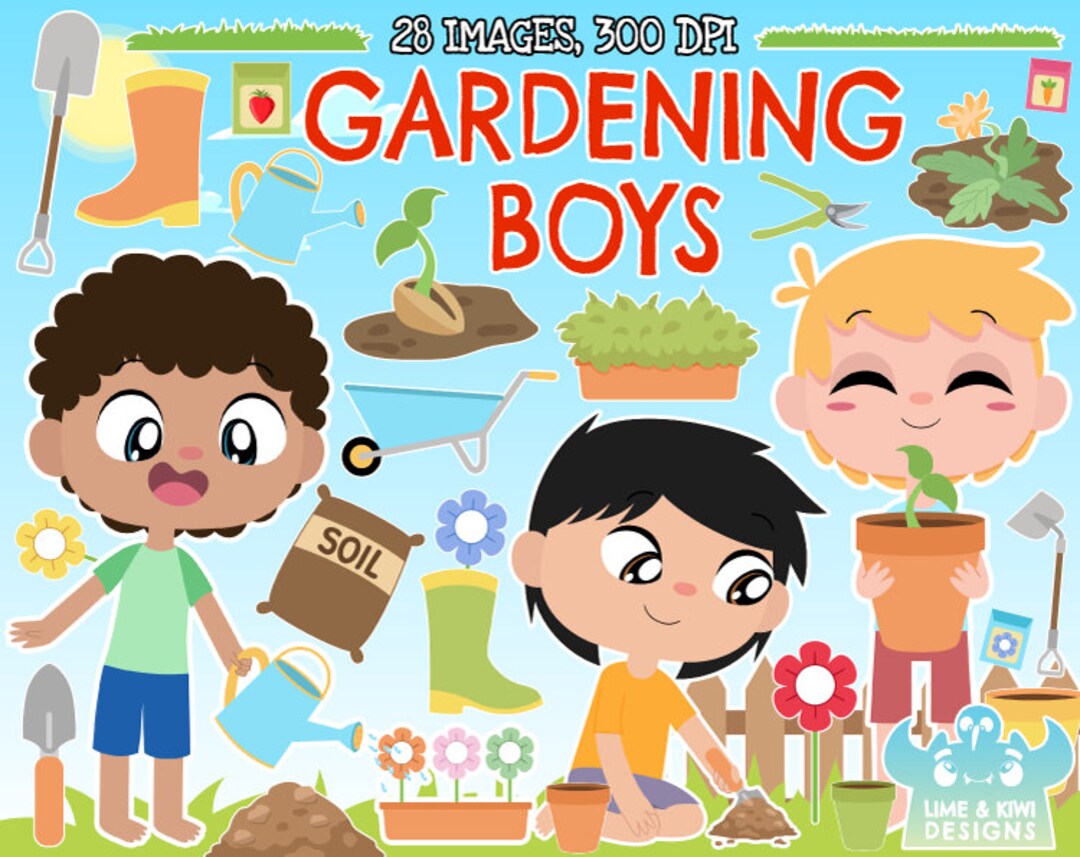 Gardening Boys Clipart, Black and White, Digital Stamps, Garden ...