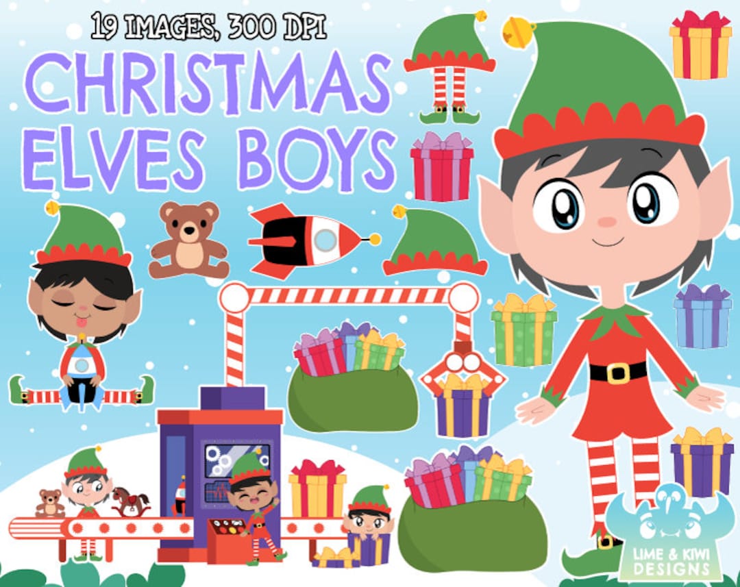 Christmas Elves Boys Clipart, Black and White, Digital Stamps ...