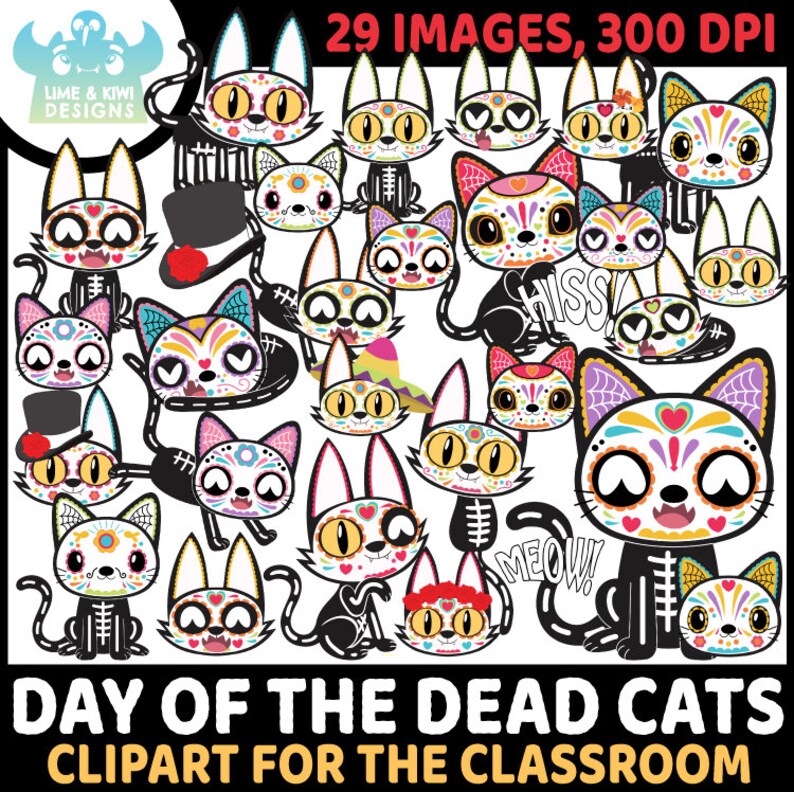 Sugar Skulls Day of the Dead Cats Clipart Instant Download | Etsy
