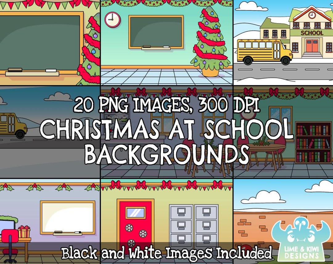 Christmas at School Backgrounds Clipart, Black and White, Digital ...