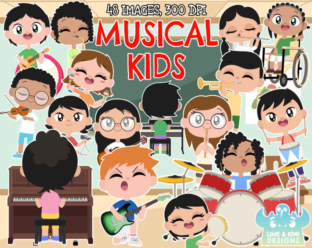 Musical Kids Clipart, Black and White, Digital Stamps, Piano, Keyboard ...