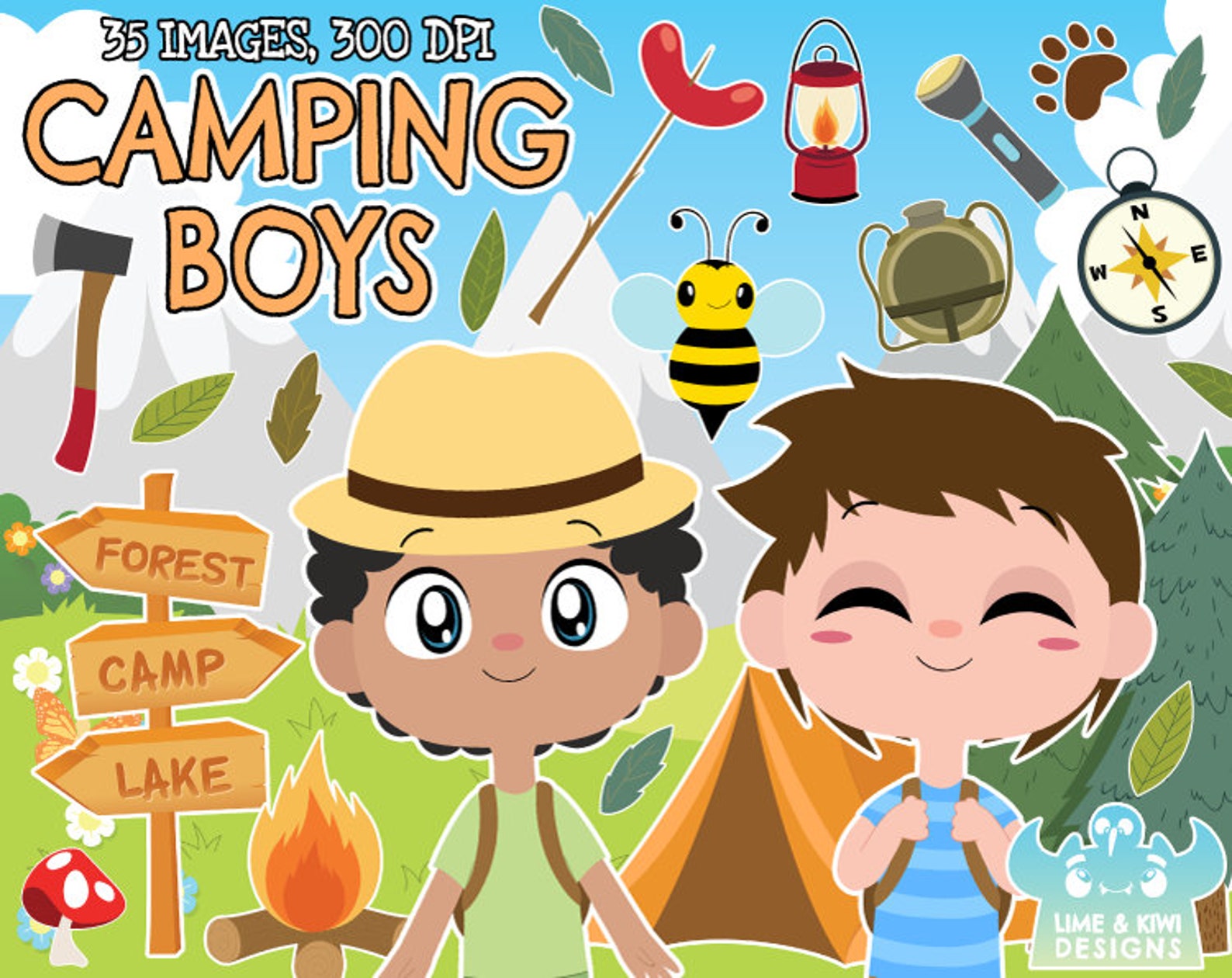 Camping Boys Clipart, Black and White, Digital Stamps, Outdoors, Bear ...