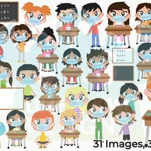 School Kids With Face Masks Clipart, Black and White, Digital Stamps ...