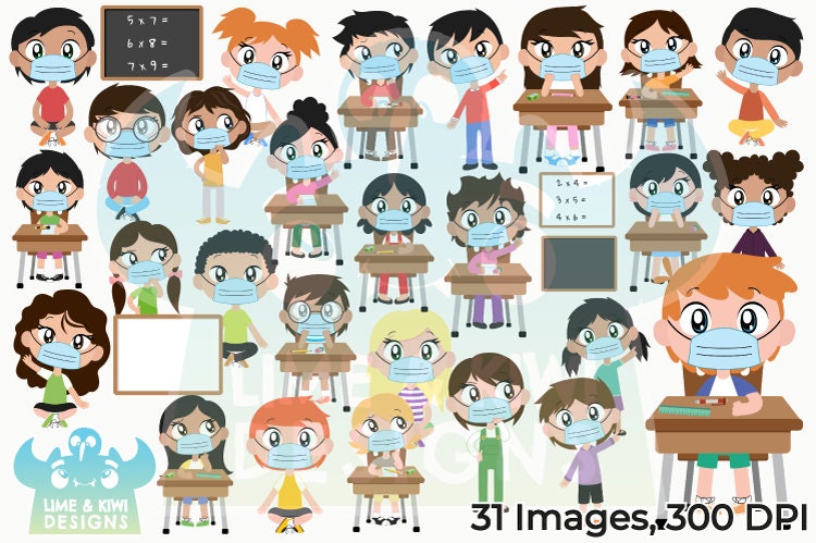 School Kids With Face Masks Clipart, Black and White, Digital Stamps ...