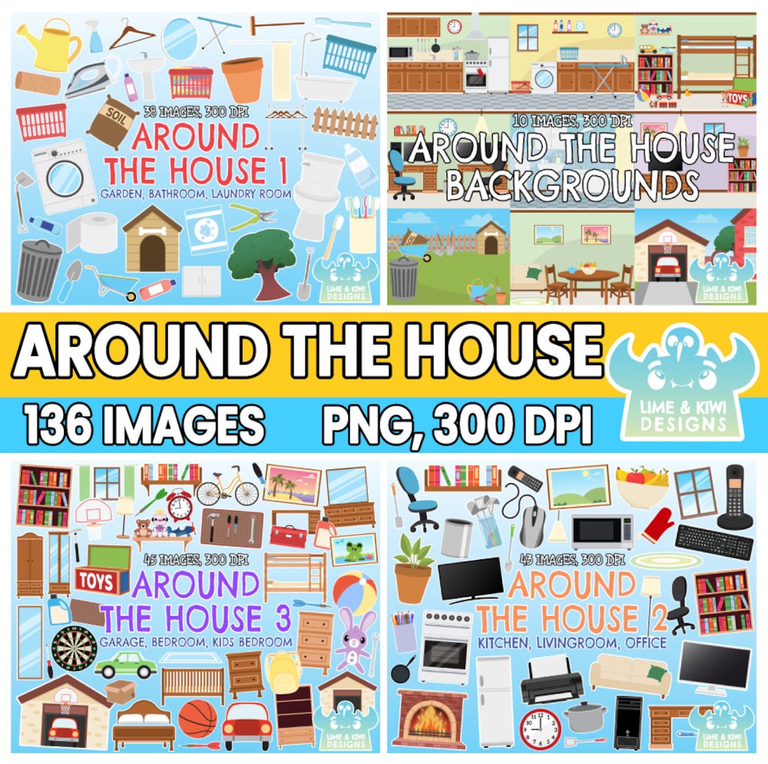 Around the House Clipart Bundle 1, Black and White, Digital Stamps ...
