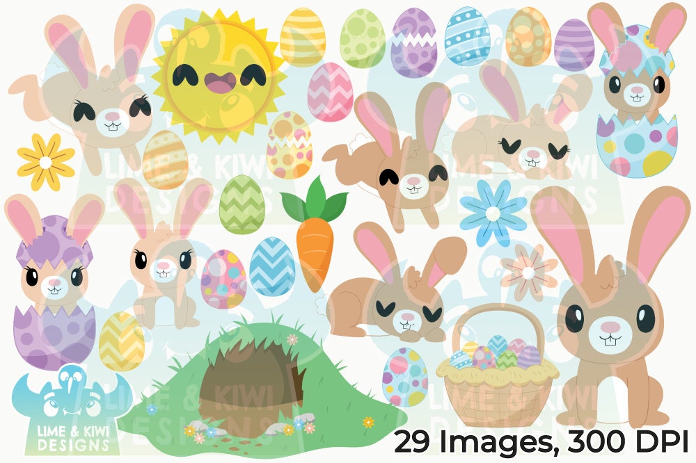 Easter Rabbits Clipart, Black and White, Digital Stamps, Bunny, Flower ...