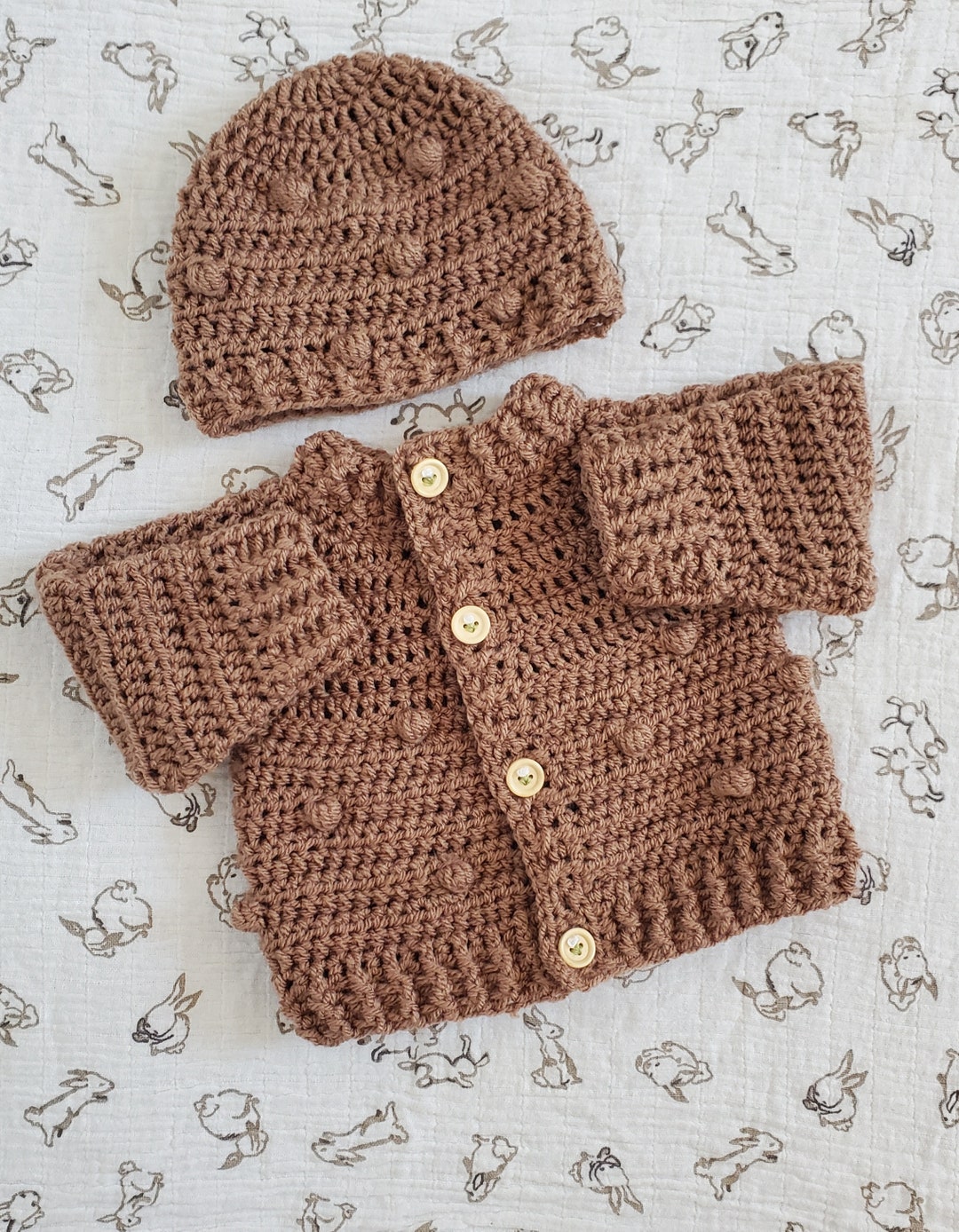 Hand Crocheted Custom Colour Bobble Stitch Baby Cardigan and Hat Set - Etsy