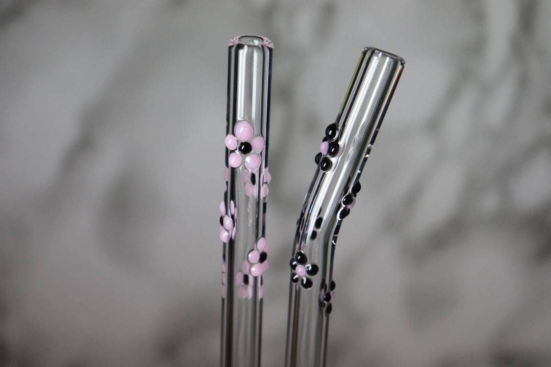 Pink & Black Flower Glass Drinking Straw Set - Etsy