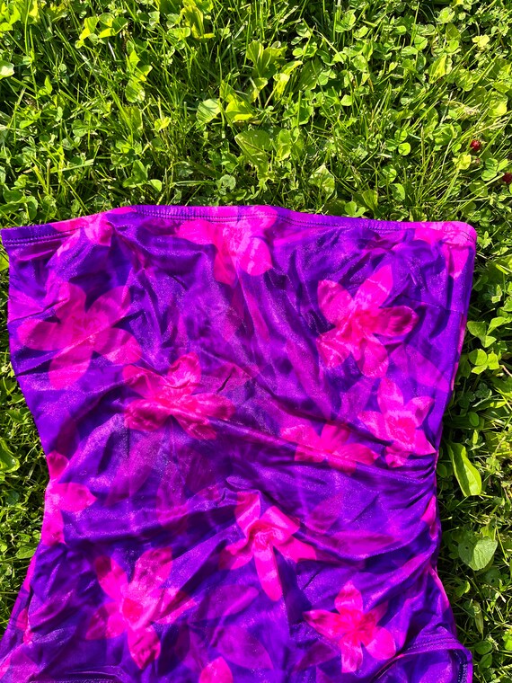 1990s Neon Dayglo Floral Purple & Pink Ruched Straple… - Gem