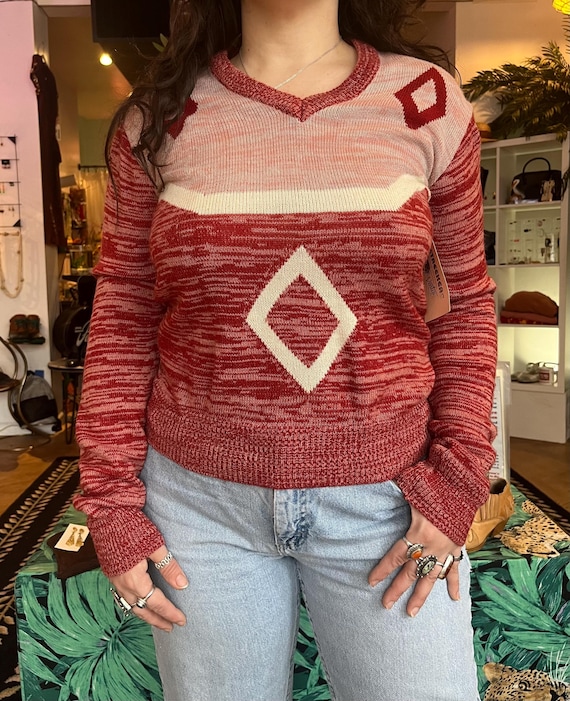 1970s space dyed red acrylic diamond print pullover v… - Gem