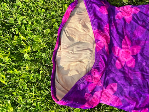 1990s Neon Dayglo Floral Purple & Pink Ruched Straple… - Gem