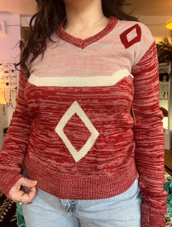 1970s space dyed red acrylic diamond print pullover v… - Gem