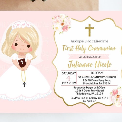 First Holy Communion Invitation Girl Printable Invitation - Etsy